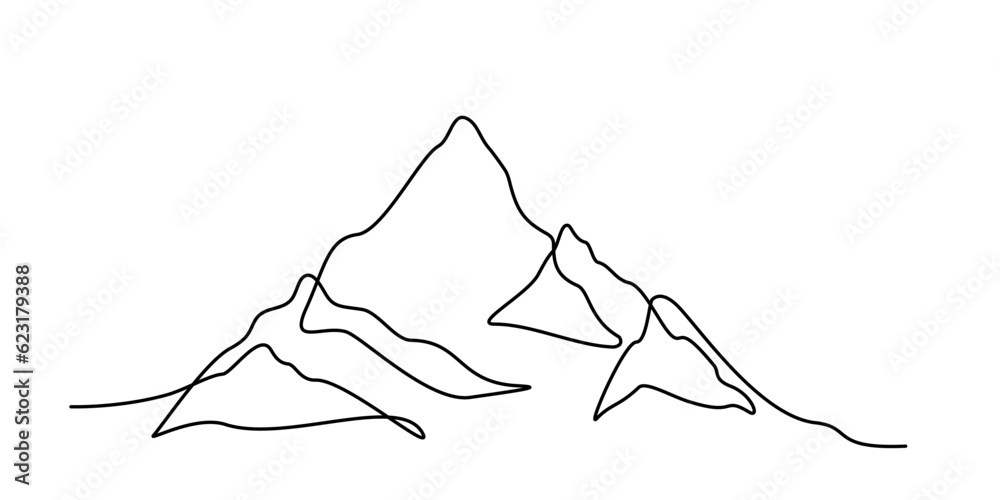 Continuous line drawing of mountain range landscape background. One ...