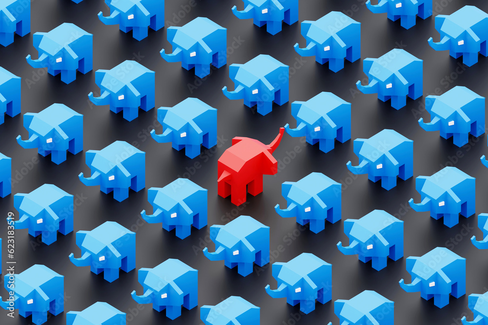 Low poly blue elephants in a rows and columns. Database cloud service ...