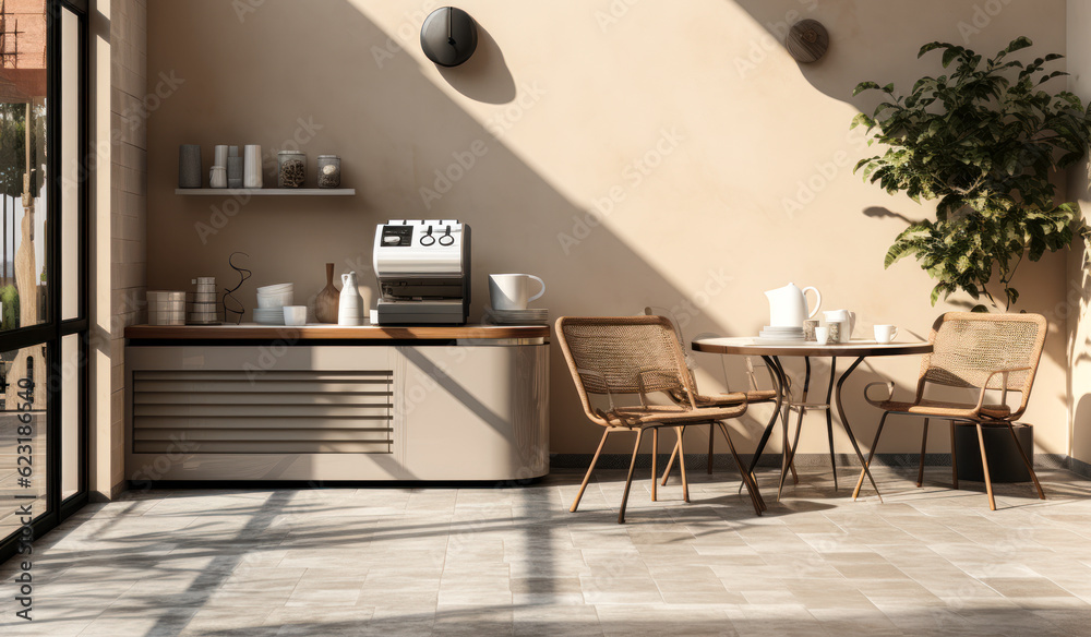 Cafe de Luxe: Sun-Kissed Tiles, Rattan Chairs, and Coffee Table Harmony ...