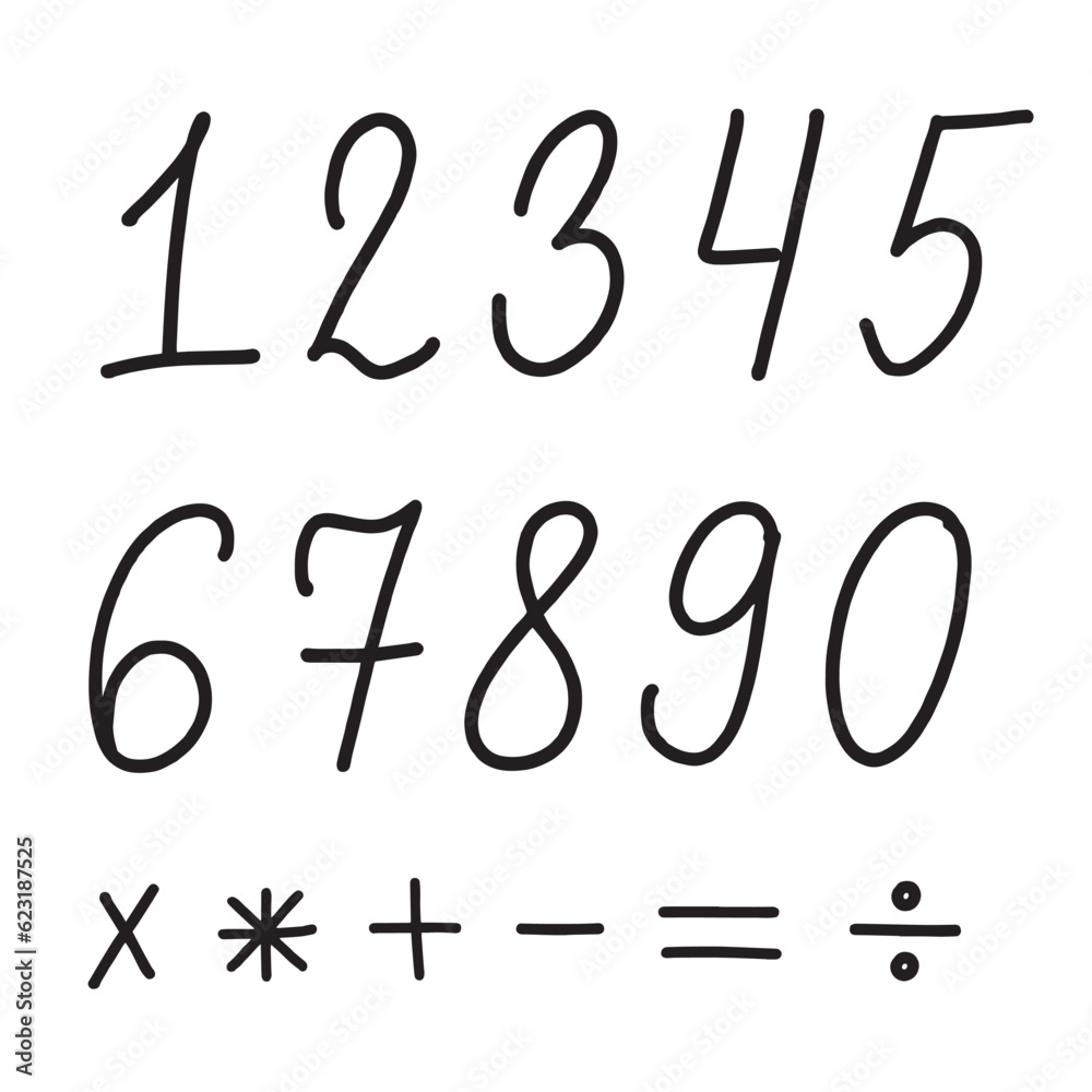 Hand drawn numbers vector isolated on white background. Line art, plus ...