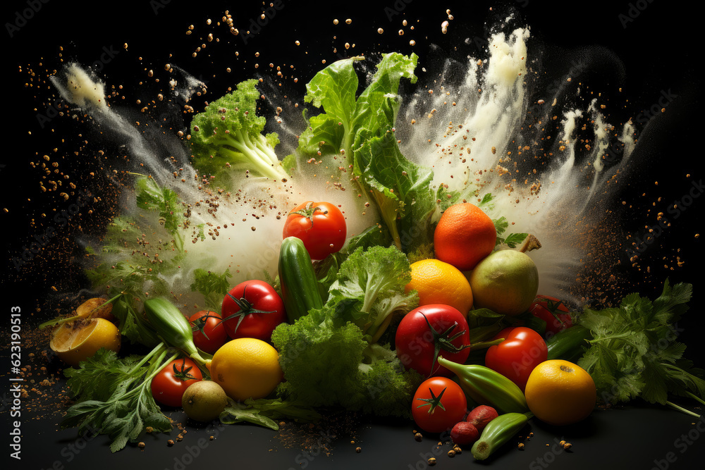 Fresh vegetables and fruits with water droplets exploding on black ...