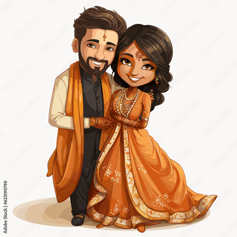 Indian couple hand-drawn comic illustration. Indian couple. Vector ...