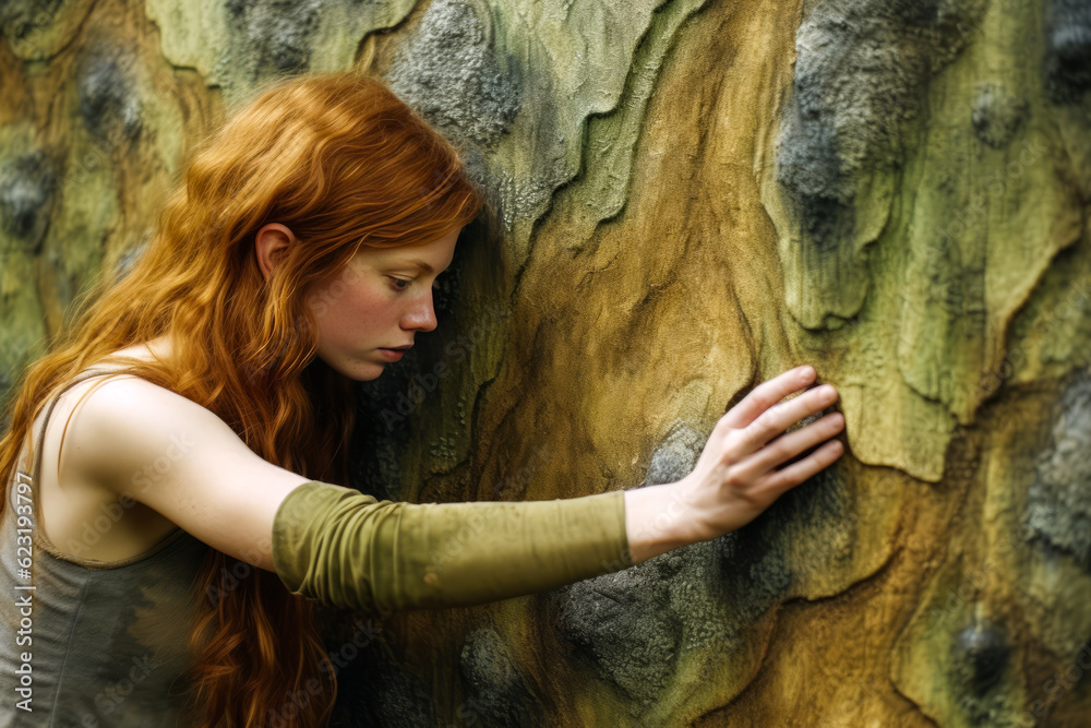 Enchanting image of a young woman at forest's edge, hands touching tree ...