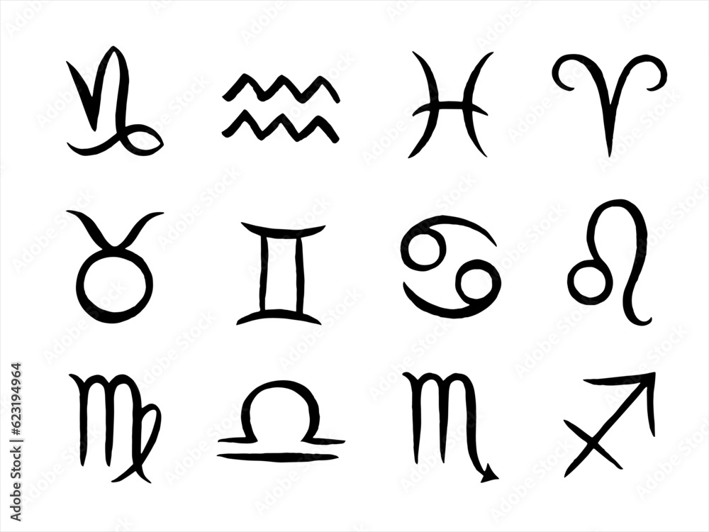 Black and white hand drawn vector zodiac signs, symbols set, collection ...