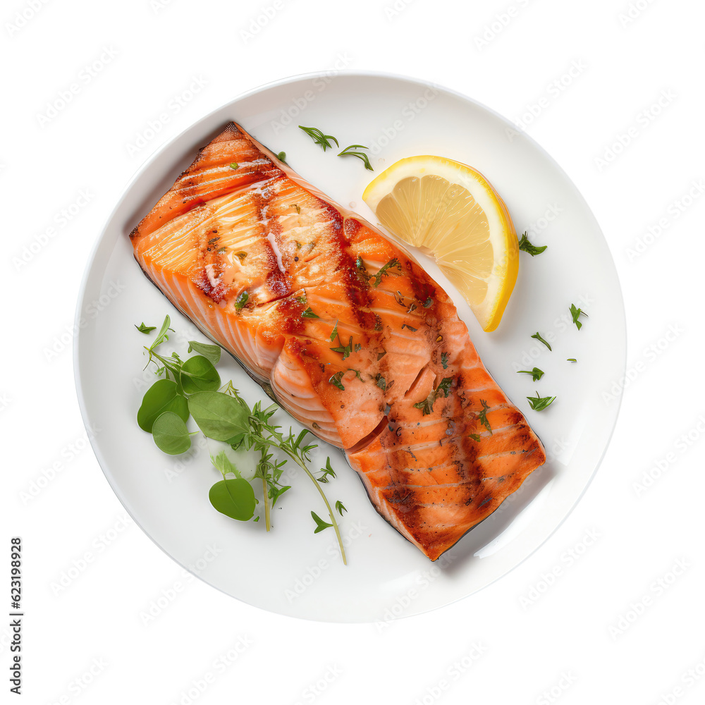 Grilled Salmon On White Plate, On Isolated Transparent Background, Png ...