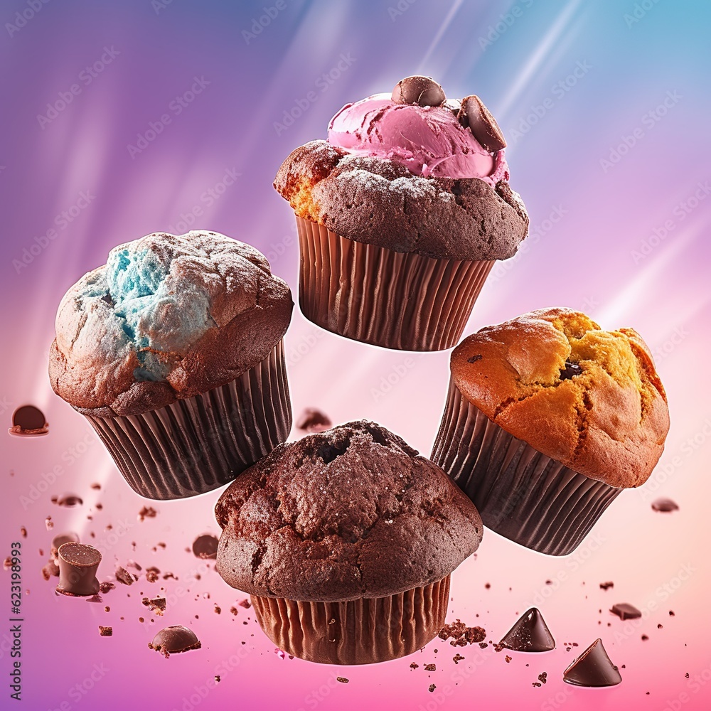 Chocolate muffins floating in air chocolate chips and sprinkles ...