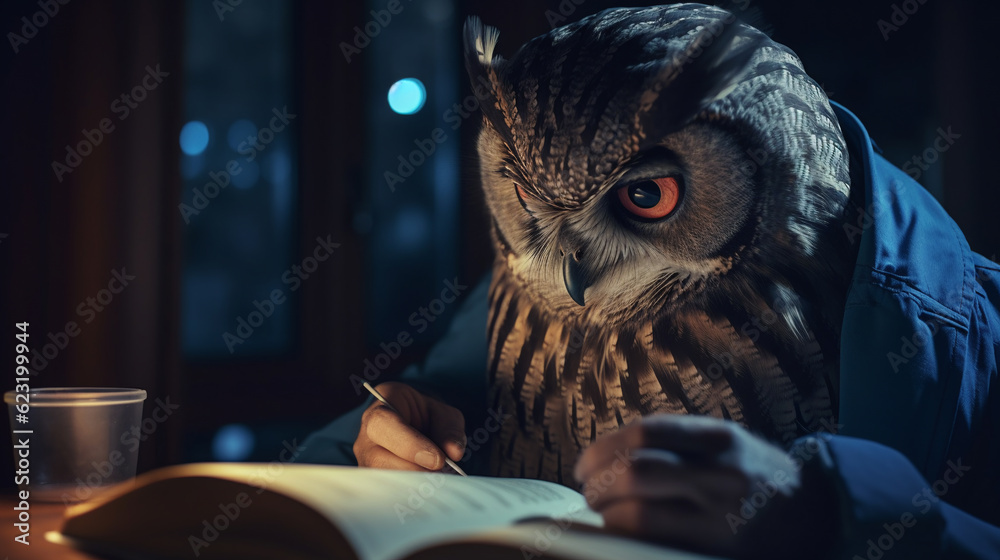 Generative AI, smart owl reads a book sitting at a table in the dark ...