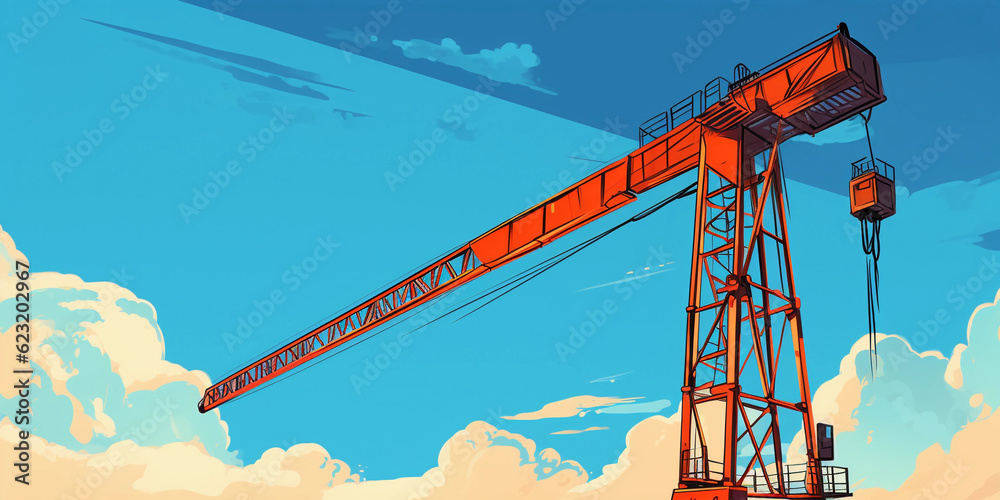 A hand - drawn animation style image of a crane lifting a steel beam ...
