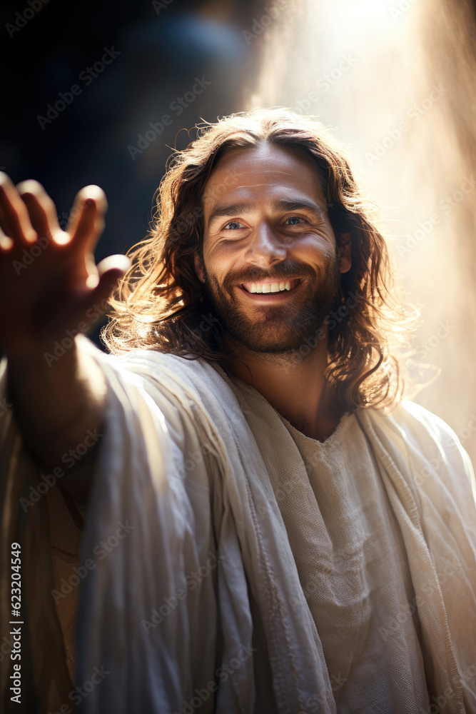 Jesus Christ smiling and reaching out defeating the enemy and calling the sinner to repentance ...