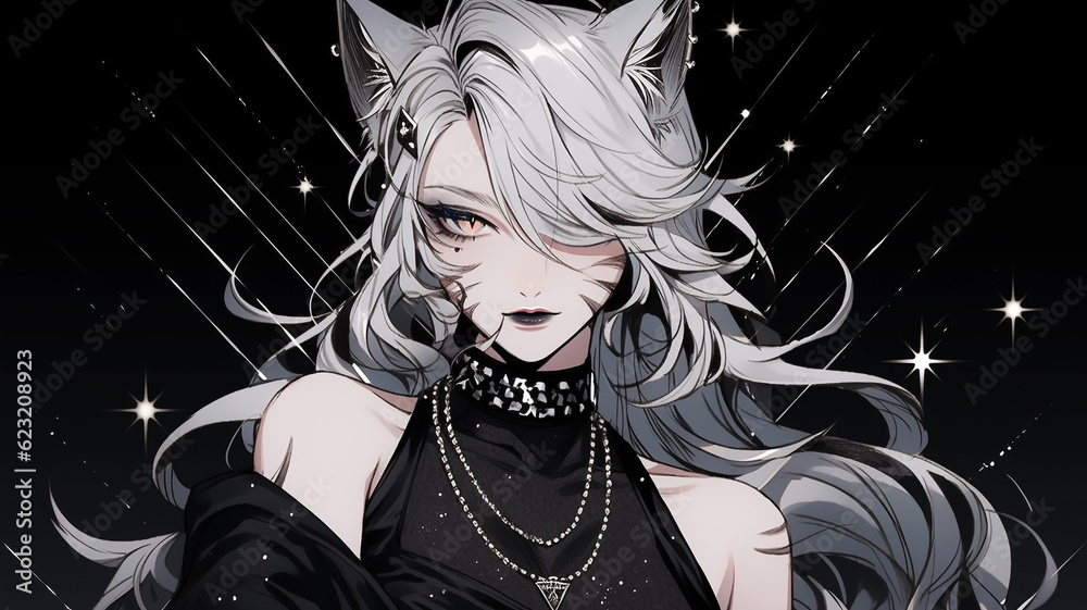 Young cat girl, anime character, cute pointy ears. Colourful background ...