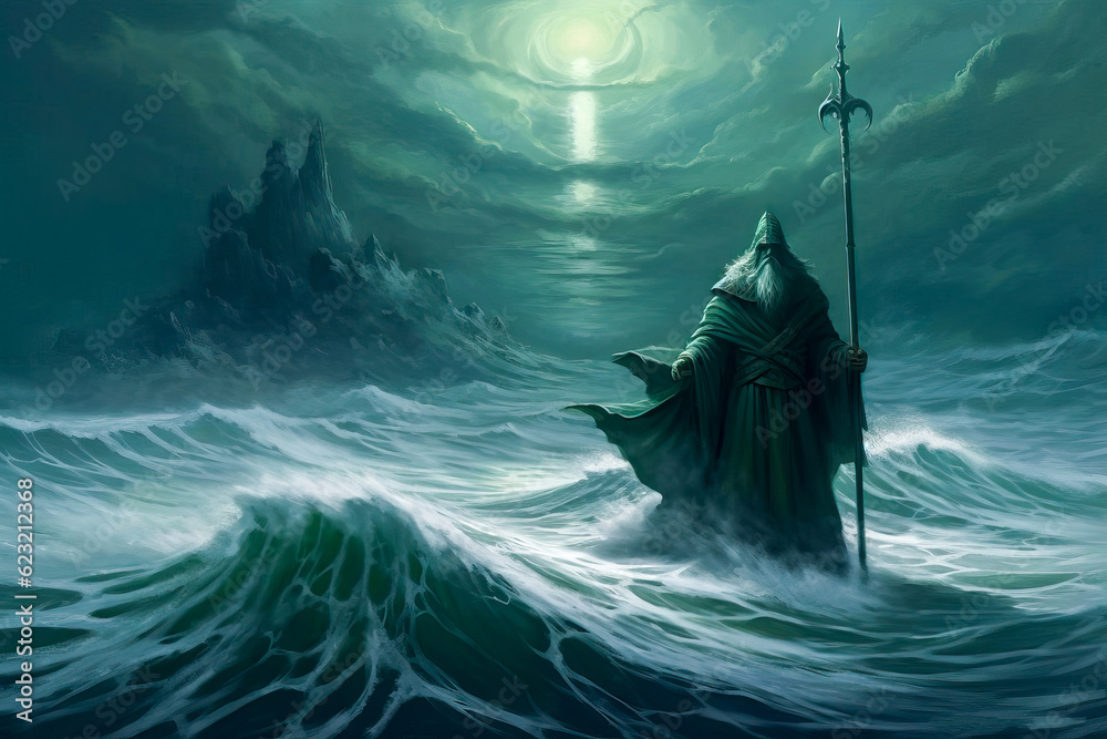 Wizard standing in ocean waves, green sky and water, fantasy painting ...
