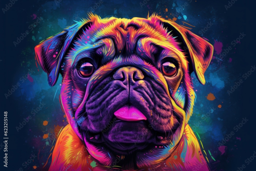 Multi coloured illustration art, the head of a pug dog painted with ...