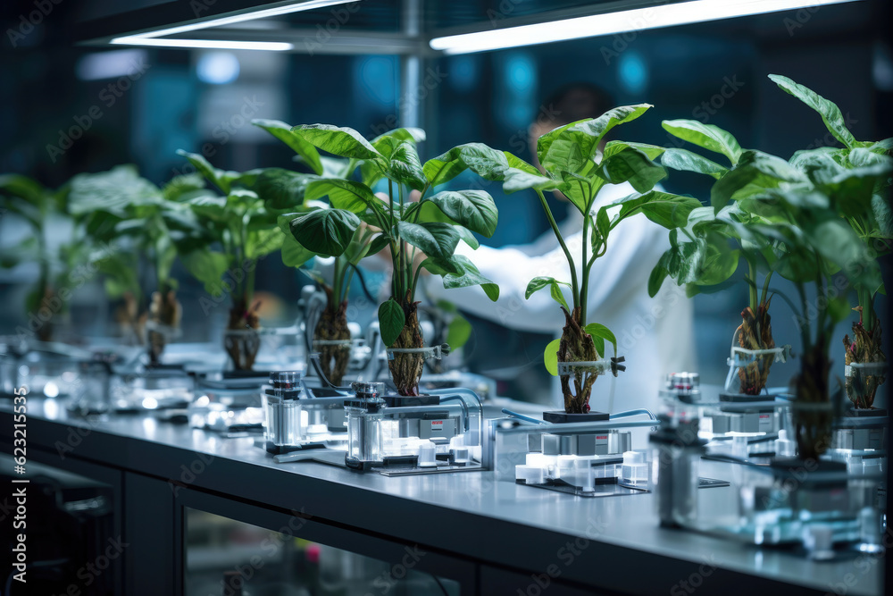 Hydroponics lab room on spacecraft. Organic laboratory scientists and ...