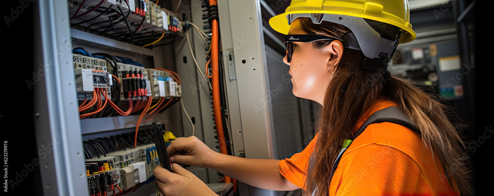 electrician woman installing a electric switchboard system, Stock ...