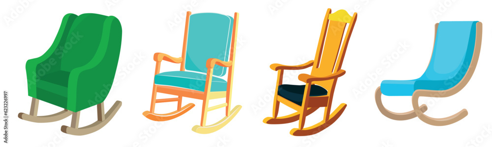 Set of beautiful colored rocking chairs in a cartoon style. Vector ...
