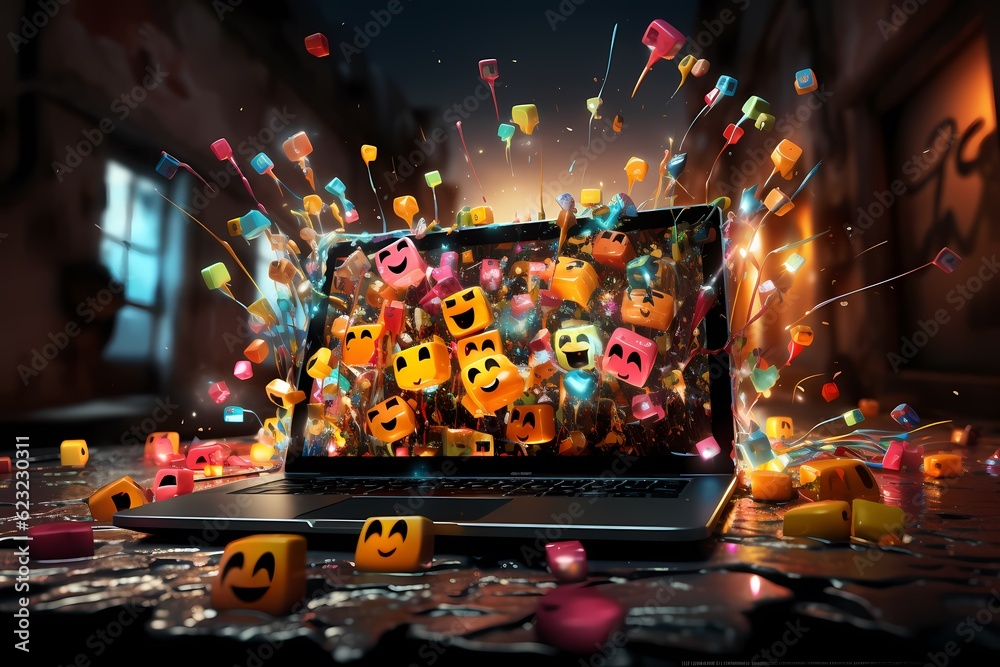 Using a laptop showing the different smiley faces, in the style of ...