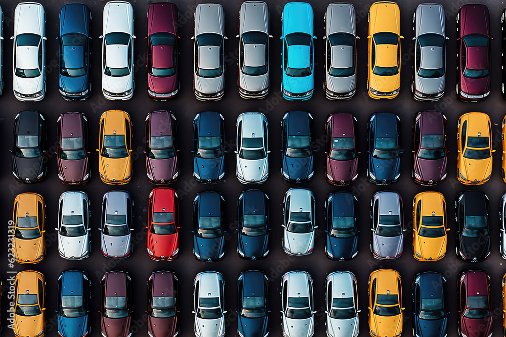 Overhead view of many different cars standing in rows in parking lot ...