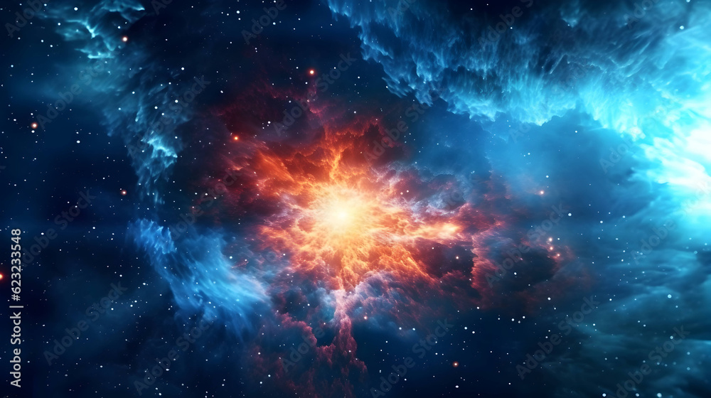 Bright blue star shining in deep space, stellar explosion behind star ...