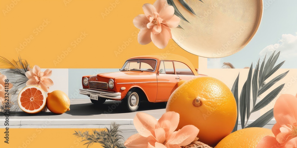 Generative AI. Stop motion Background of a car flowers and fruits ...