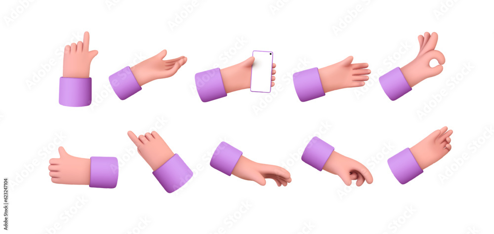 Hands set of realistic 3d design in cartoon style. Hand shows different ...