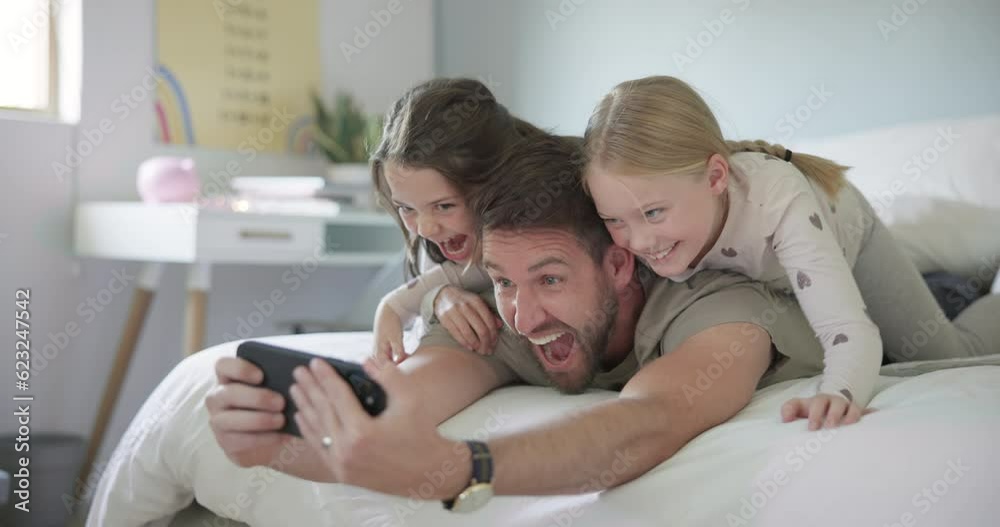 Crazy, face and selfie with dad and children, girls or family with ...