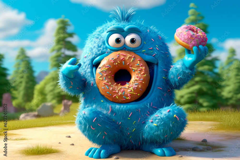 Eating donuts. Generative AI. Funny blue monster eats delicious donuts ...
