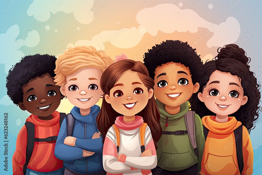 Smiling diverse junior school students pose happily for a group ...