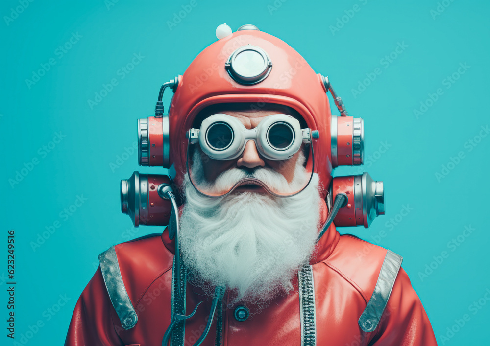 A futuristic Santa Claus with a cyberpunk or dieselpunk suit, helmet ...