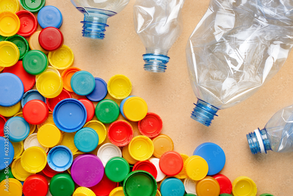 Colorful Bottle Caps Recycling Bottles Crumpled Plastic Recycling Pet