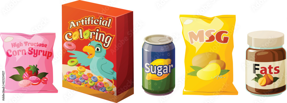 Cute vector illustration of various junk food snacks, candy and ...