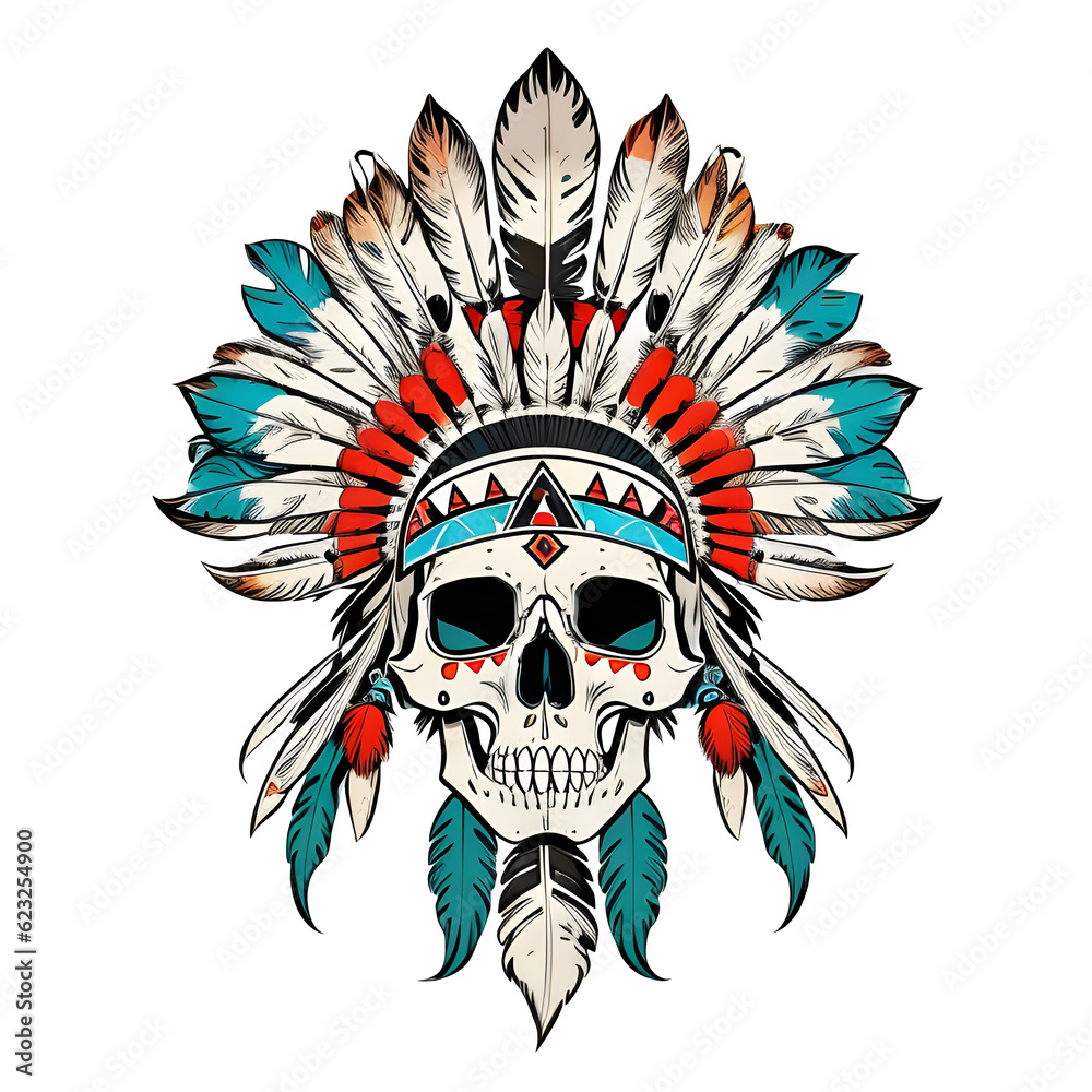 skull indian shaman in roach on white background, clipart isolated on ...
