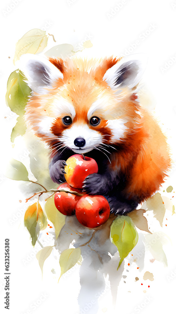 Watercolor painting of a red panda eating apples on a tree with white ...