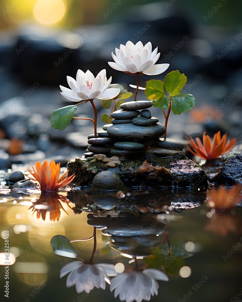 White and orange flowers grow out of zen stone pile in pond in forest ...