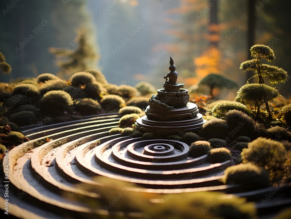 Zen garden with spiral path, moss landscape and a small ancient statue ...