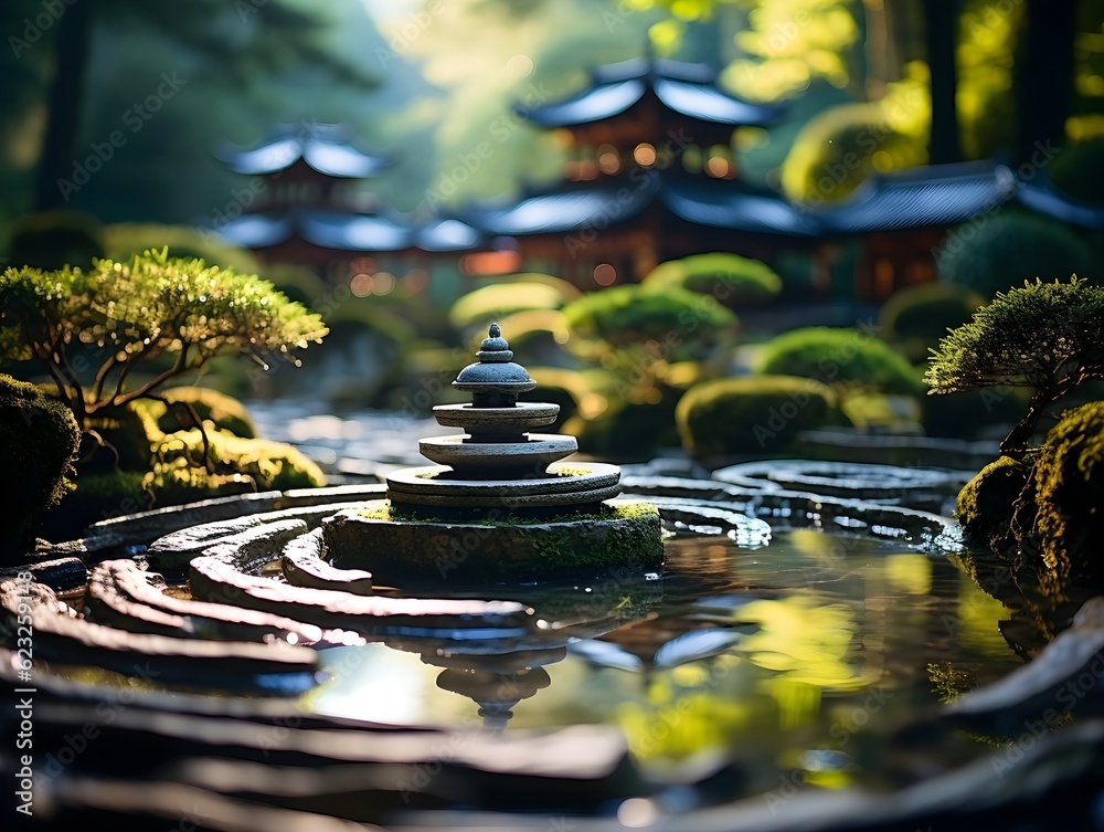 Zen garden with spiral path and moss landscape in a peaceful zen garden ...