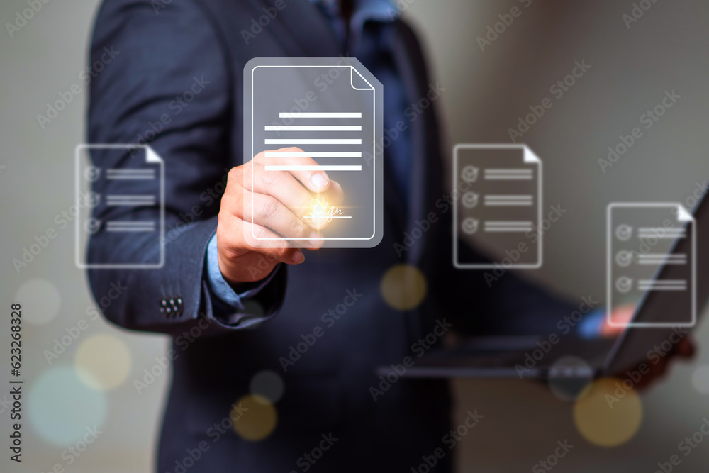 E-signing paperless concept, businessman signing on electronic document ...