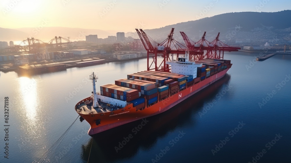 Container ship loading and unloading in sea port, Aerial view of ...