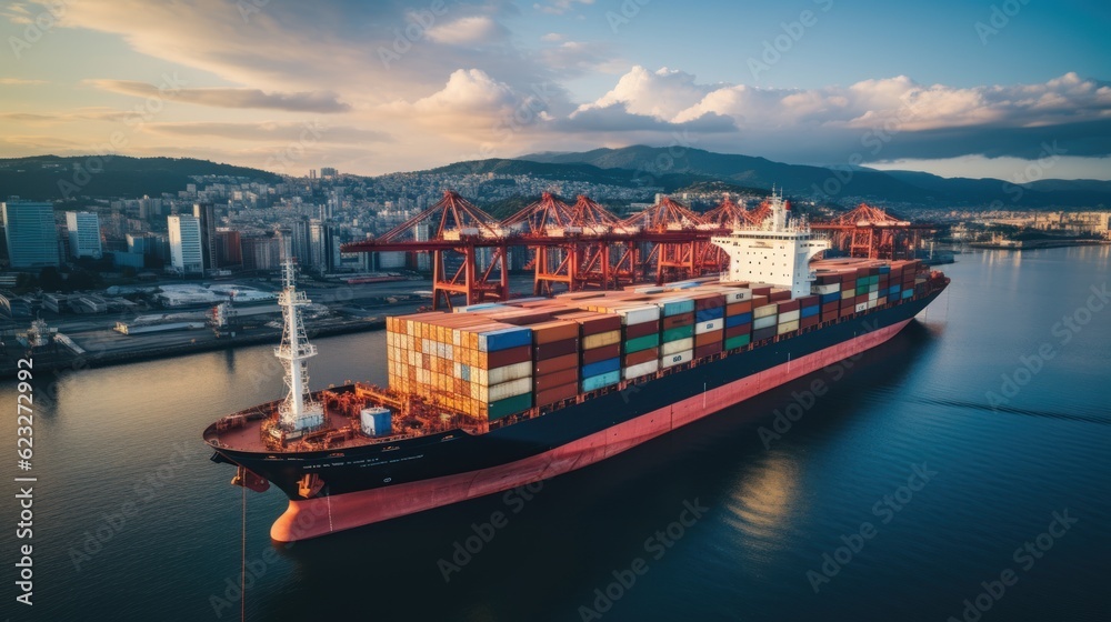Container ship loading and unloading in sea port, Aerial view of ...