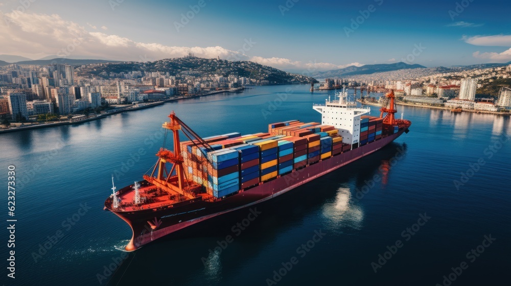 Container ship loading and unloading in sea port, Aerial view of ...