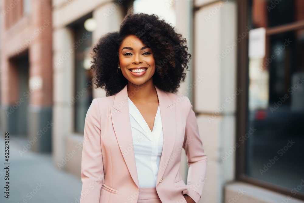 Lifestyle portrait photography of a tender Nigerian woman in her 30s wearing a classic blazer ...