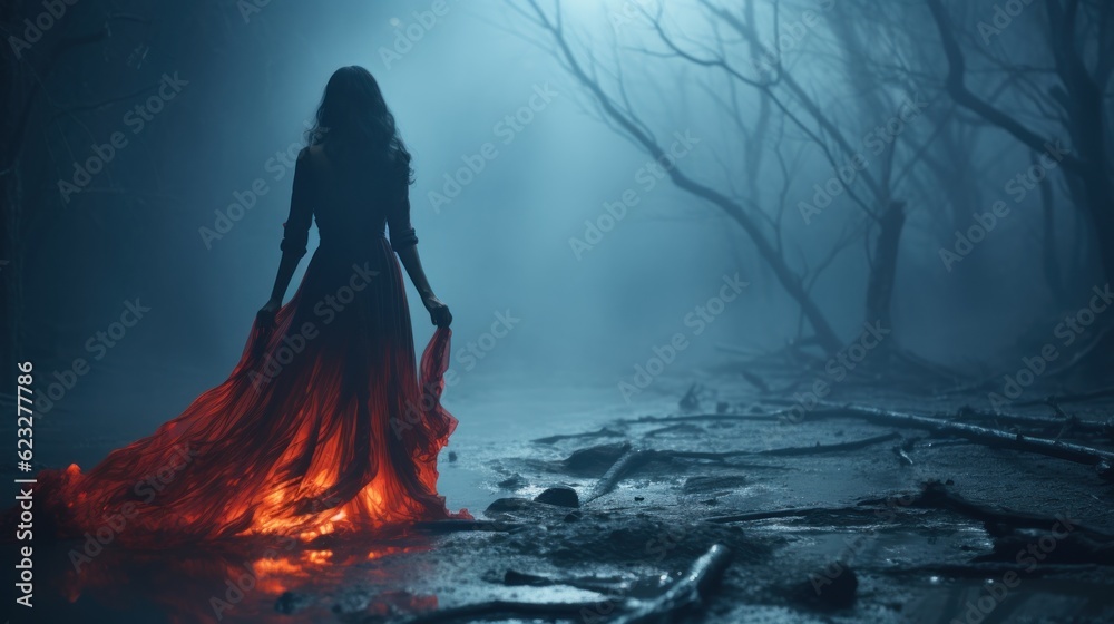 black widow long dark silk fly fabric dress, scary horror woman red ...