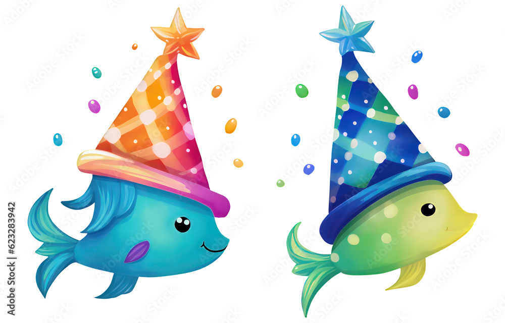 Watercolor cartoon fish birthday with hats three different types on ...