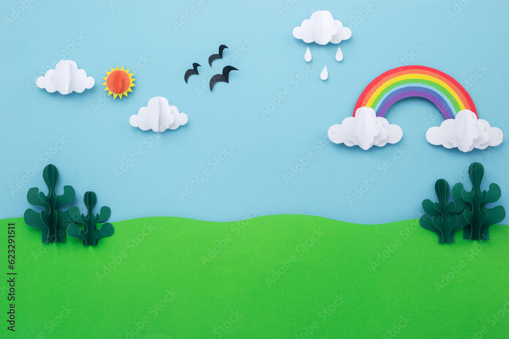 Paper art landscape background. blue sky with rainbow and green tree ...