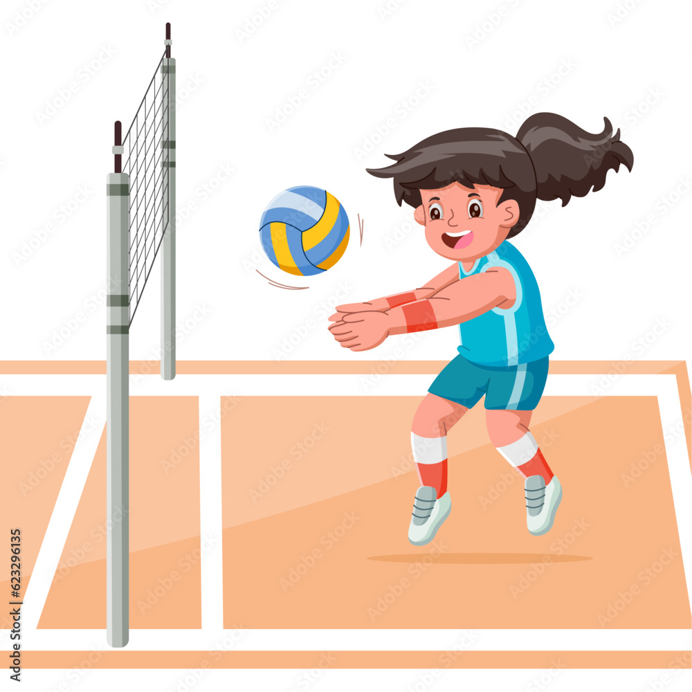 Happy cute kid girl playing volleyball in the field. Vector ...