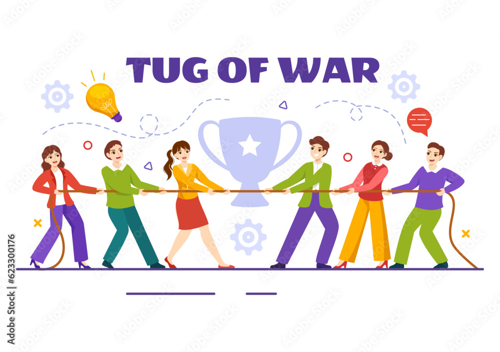 Tug of war Vector Illustration with People Pulling Opposite Ends of ...