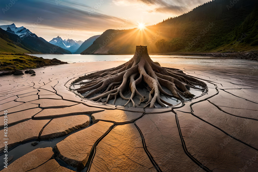 Tree roots that remain after being cut down. Big tree roots on very ...