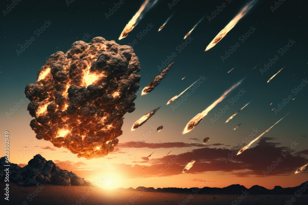 Conceptual image of asteroid explosion on sky background. Generative AI ...