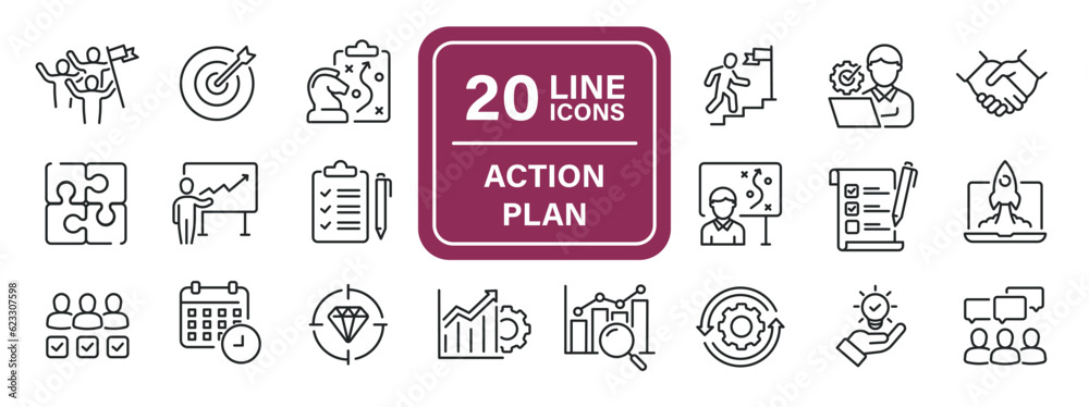 Action plan line icons. Editable stroke. For website marketing design ...