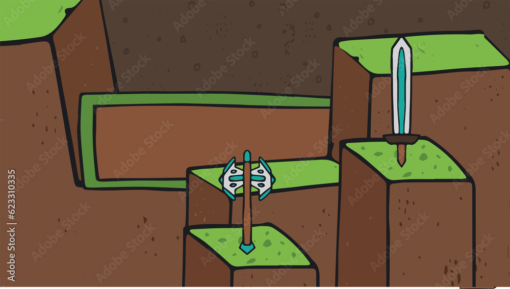 Digital png illustration of sword and axe on brown cubes on transparent ...