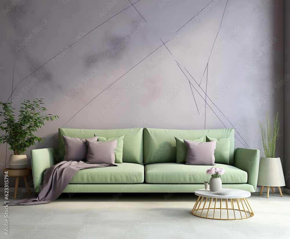 Foto Stock A vibrant green couch stands as the centerpiece of a modern ...